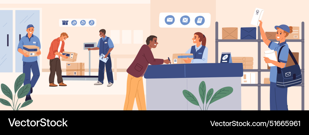 People in post office send and receive parcels Vector Image