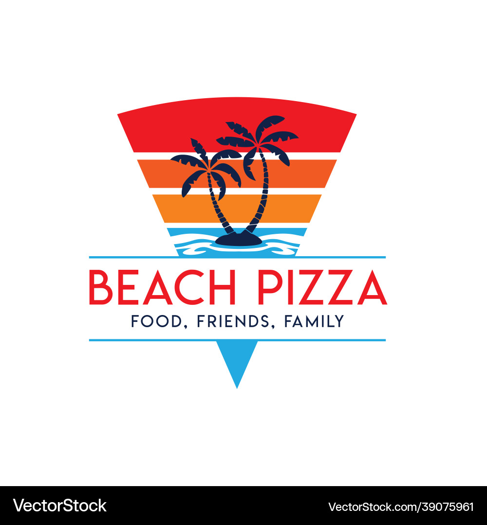 Pizza logo with sunset beach view Royalty Free Vector Image