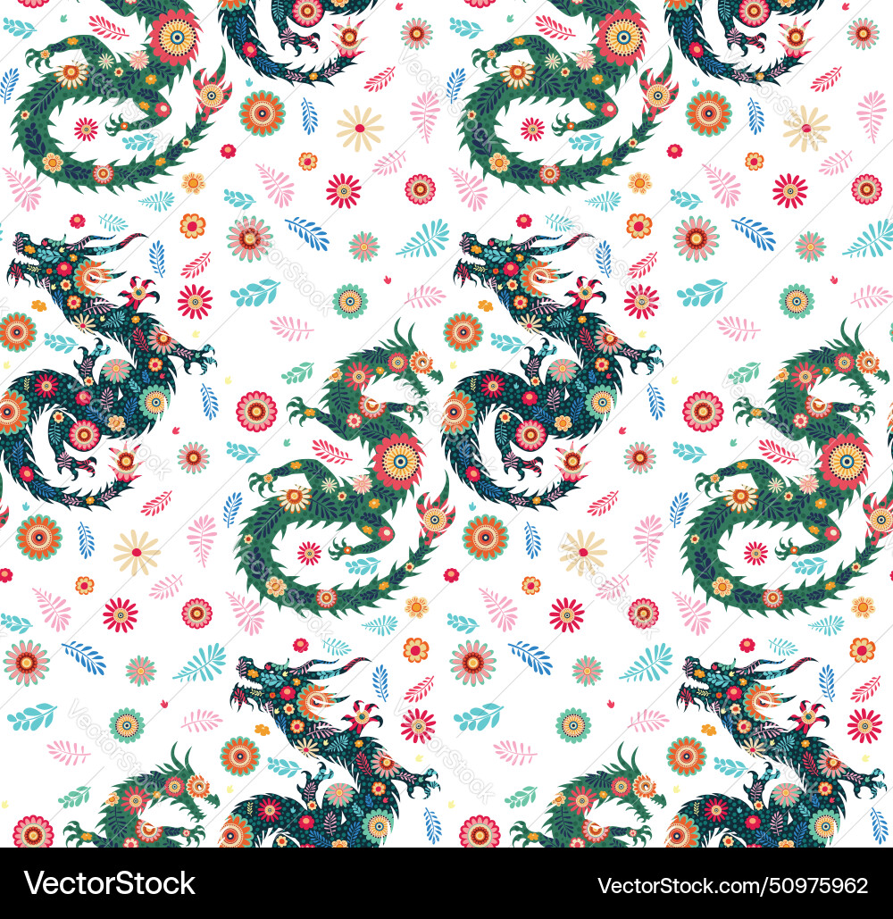 Dragon and flowers pattern Royalty Free Vector Image