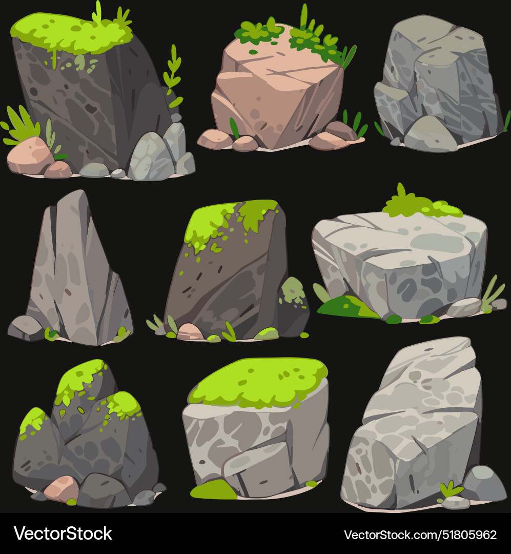 Mossy stones and rock game asset Royalty Free Vector Image