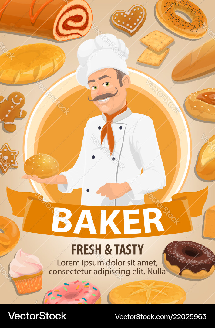Baker bread and cakes cartoon Royalty Free Vector Image