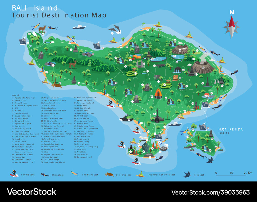 Bali tourist destination map with details Vector Image