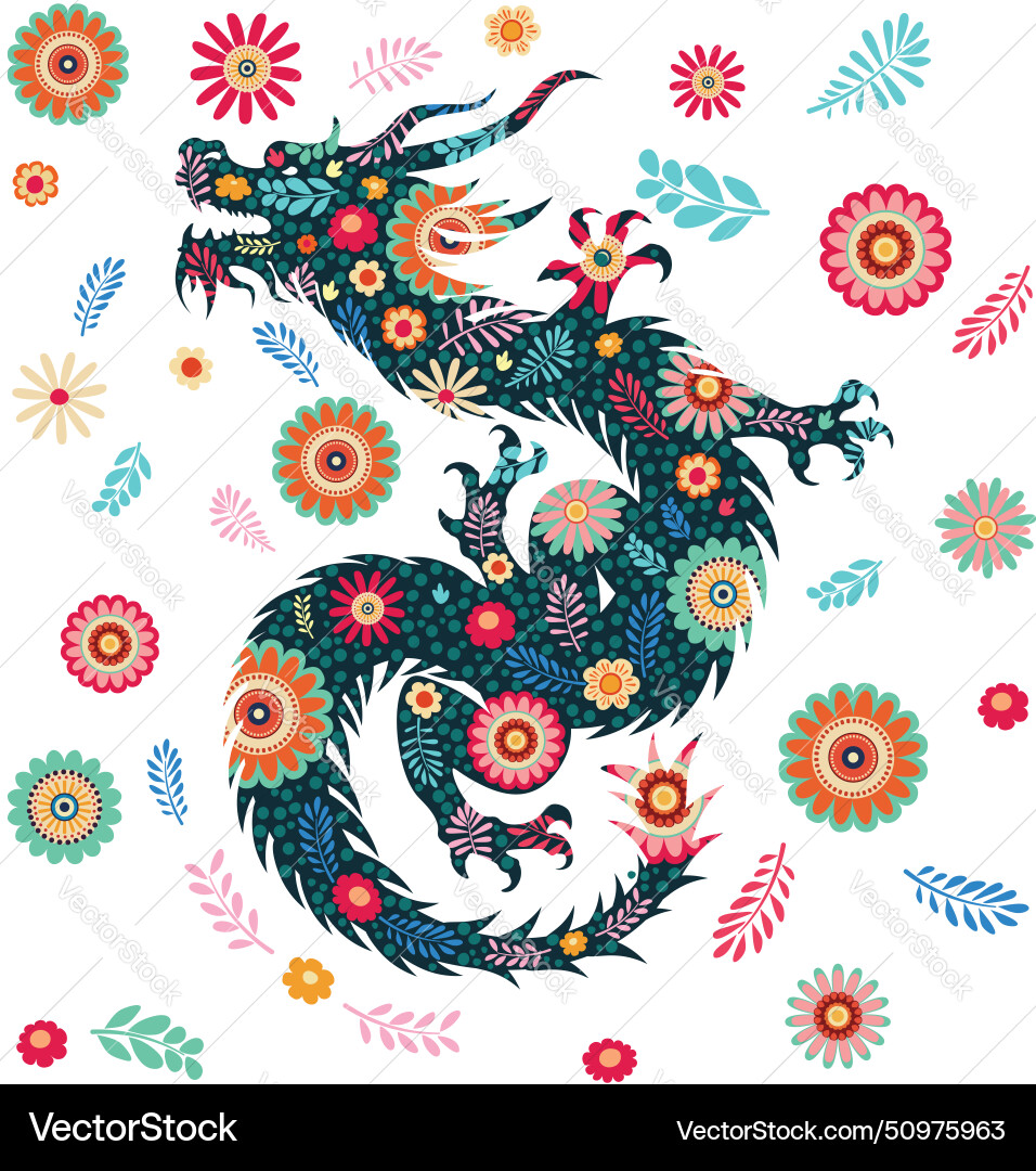 Dragon and flowers pattern Royalty Free Vector Image
