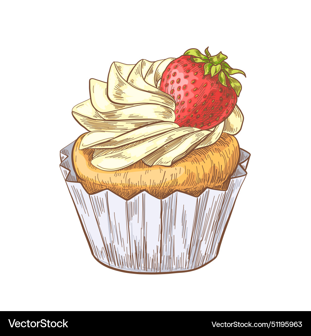 Hand drawn cupcake with strawberry vintage Vector Image