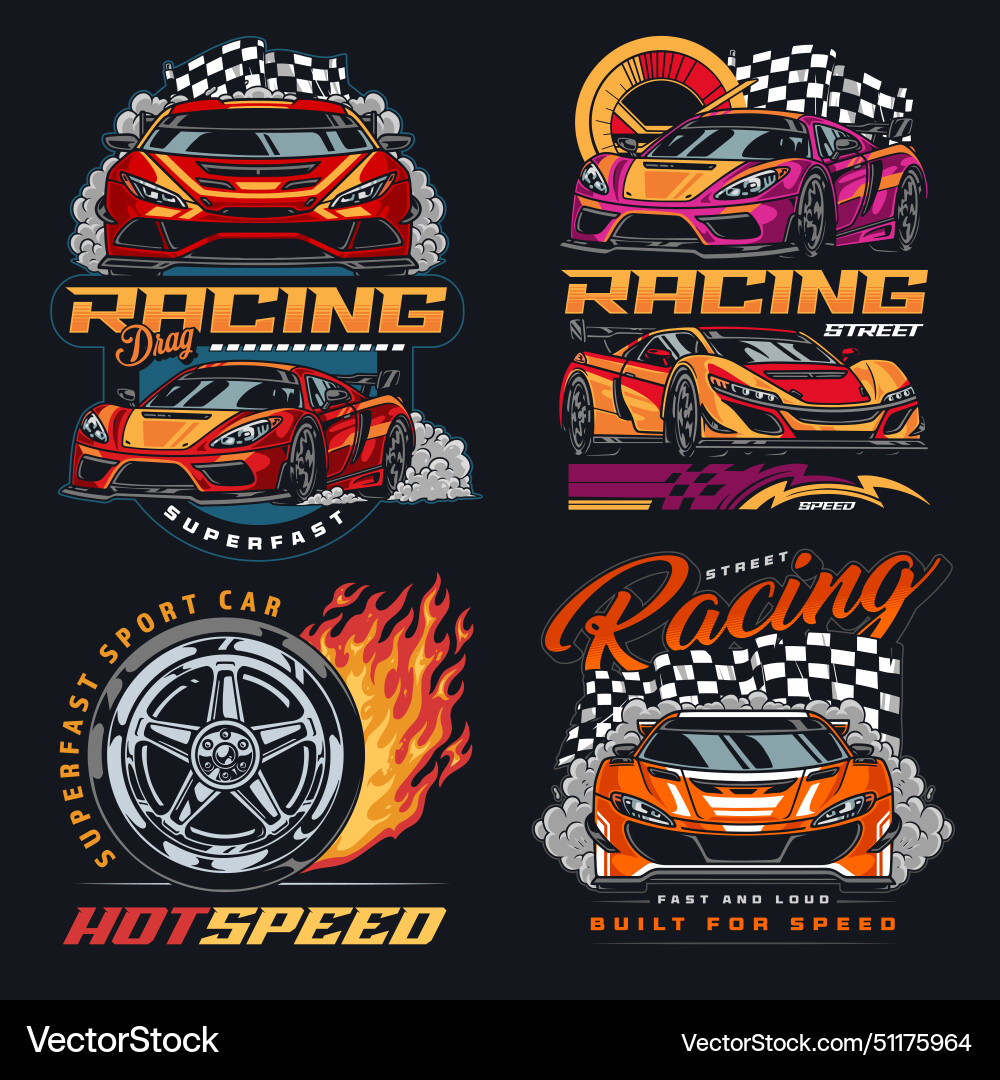 Drag racing set flyers colorful Royalty Free Vector Image