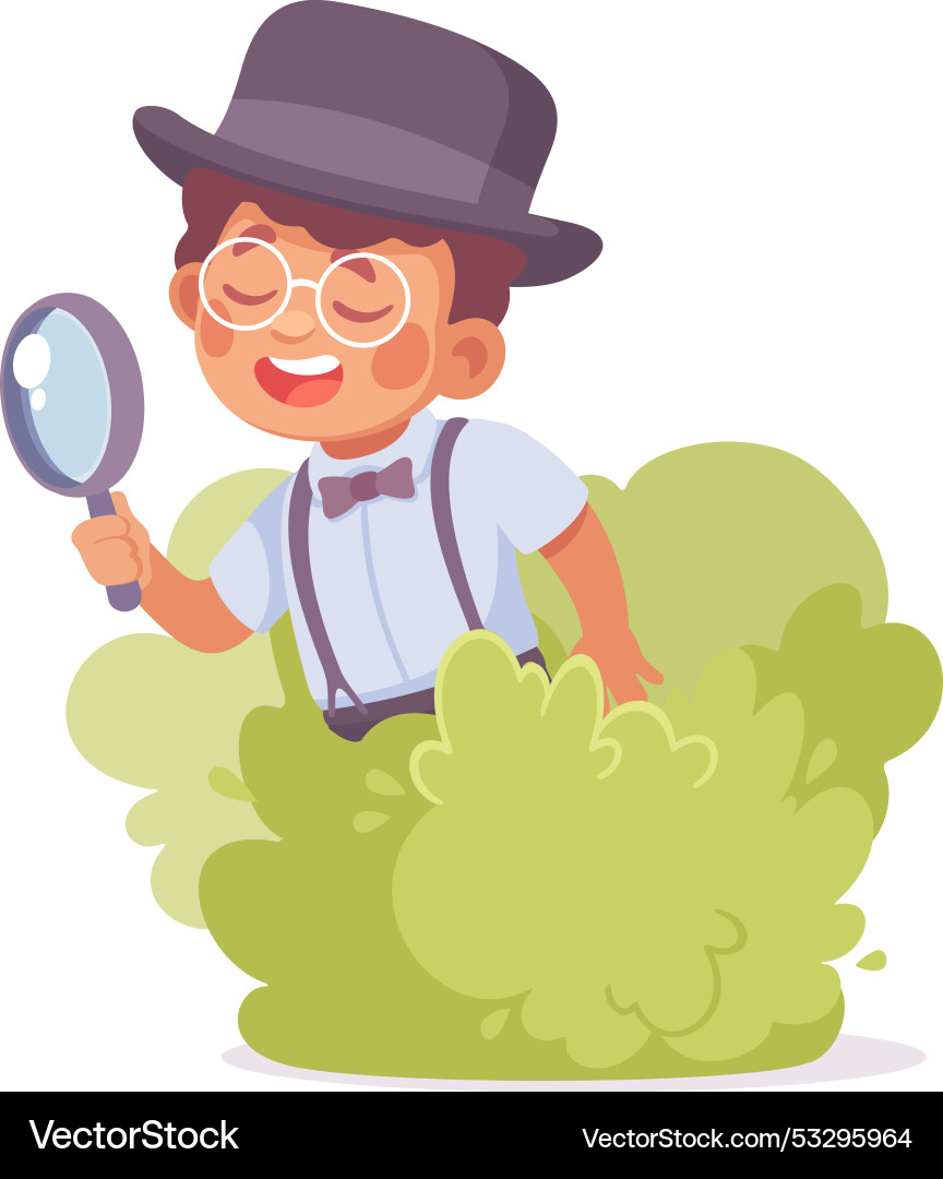 Inspecting detective boy character sit in bush Vector Image