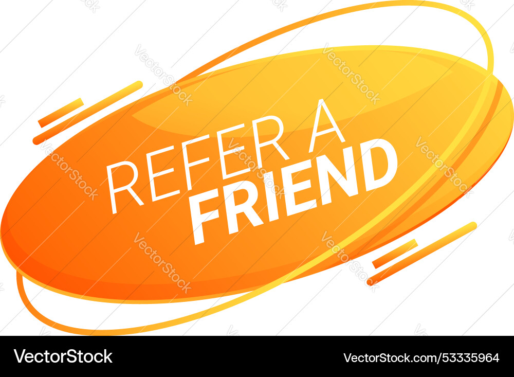 Orange refer a friend label with orbiting ellipses