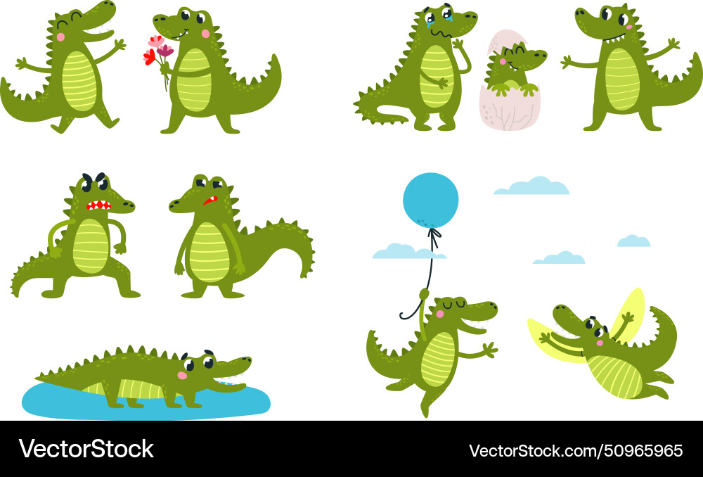 Scenes with cute cartoon crocodiles crocodile Vector Image