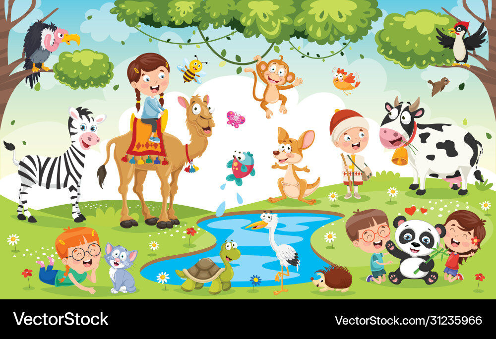 Children playing with animals Royalty Free Vector Image