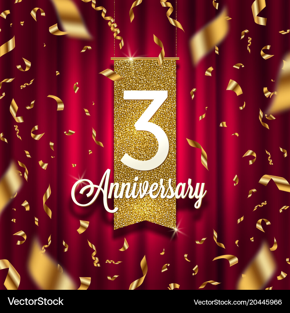 Three years anniversary golden signboard Vector Image