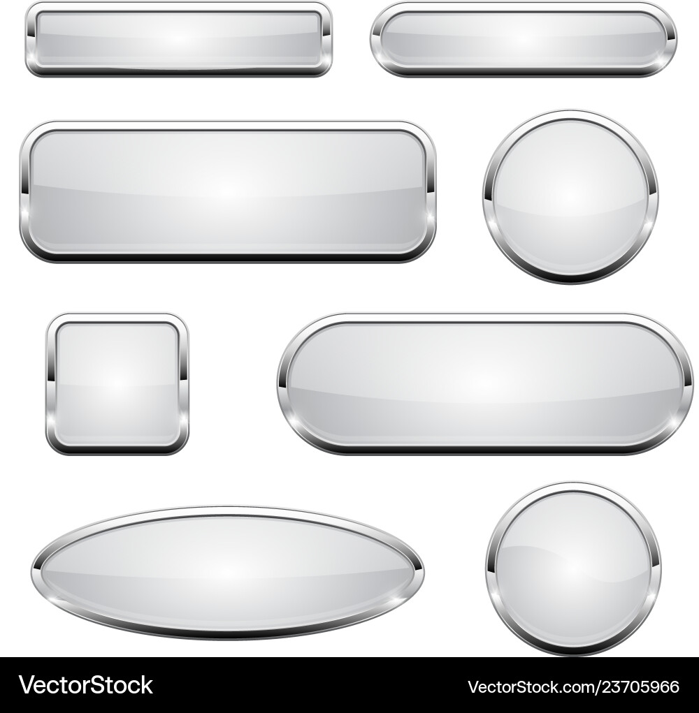 White glass 3d buttons with chrome frame set Vector Image