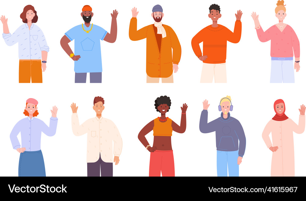 Hello waving people man hand saying hi welcome Vector Image