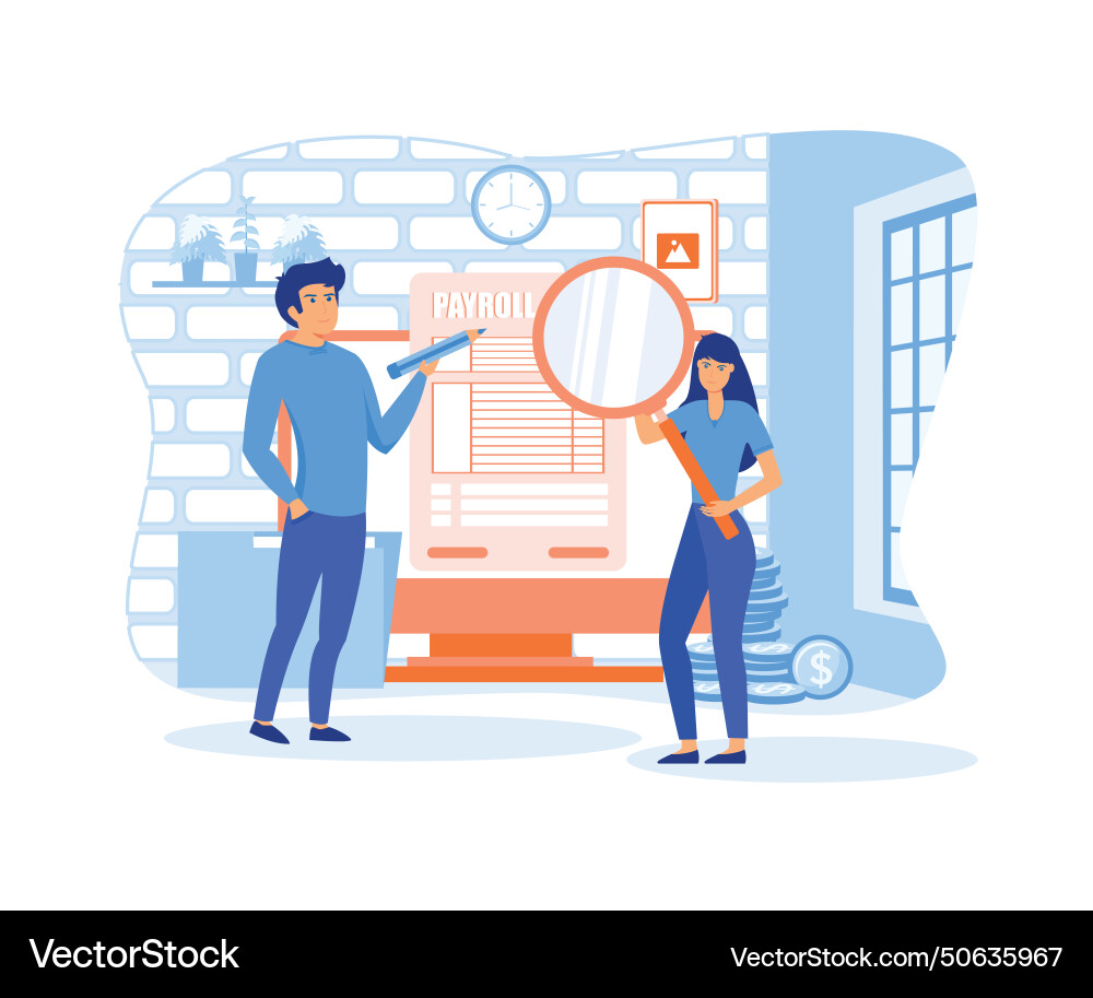 Male and female characters work on payroll Vector Image