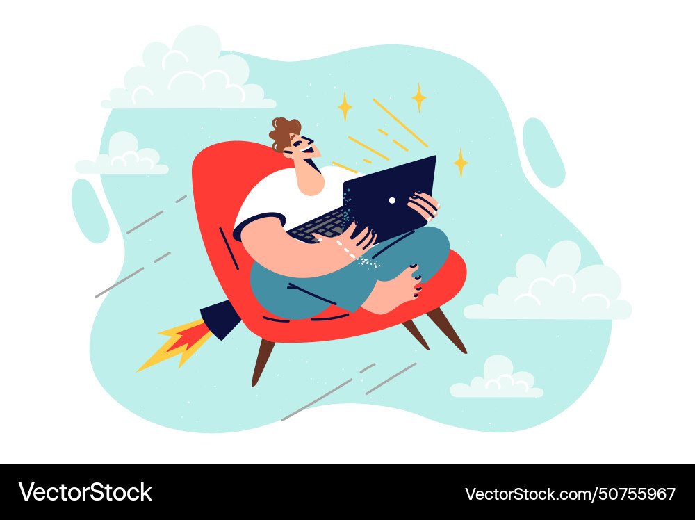 Man freelancer with laptop does work via internet Vector Image