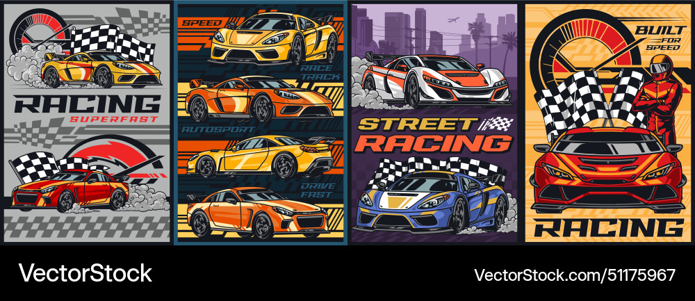 Racing automobiles set flyers colorful Royalty Free Vector