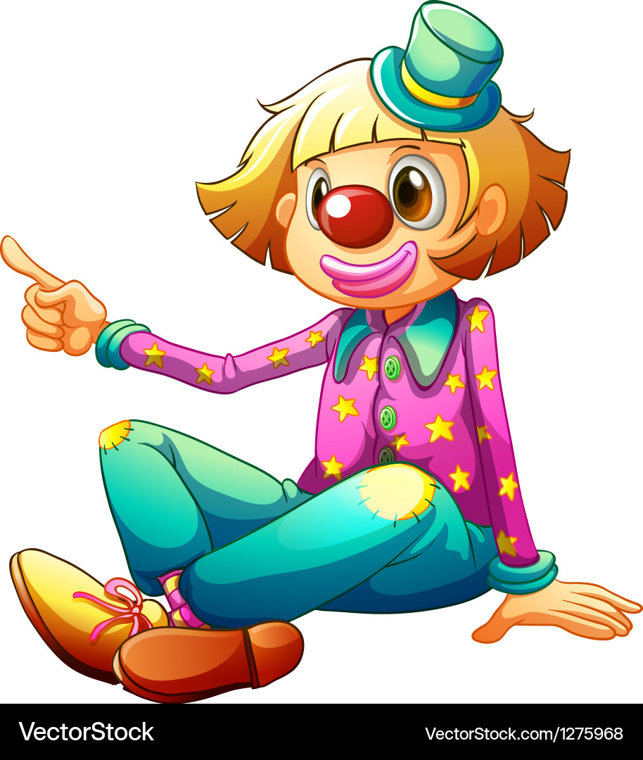 A clown sitting while pointing Royalty Free Vector Image
