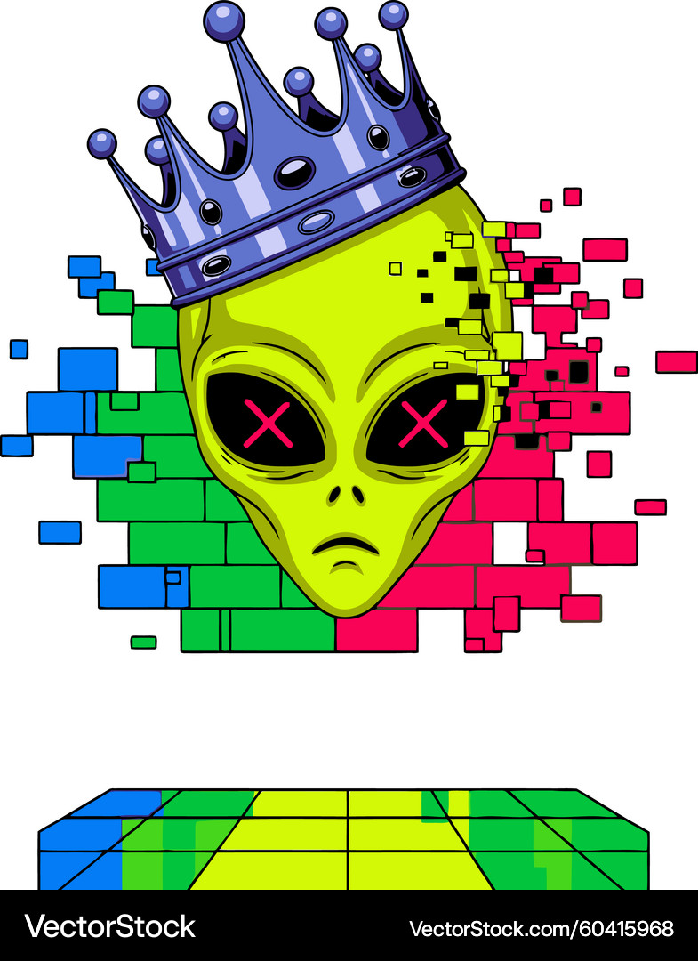 Alien king crowned head pixelated glitch art Vector Image