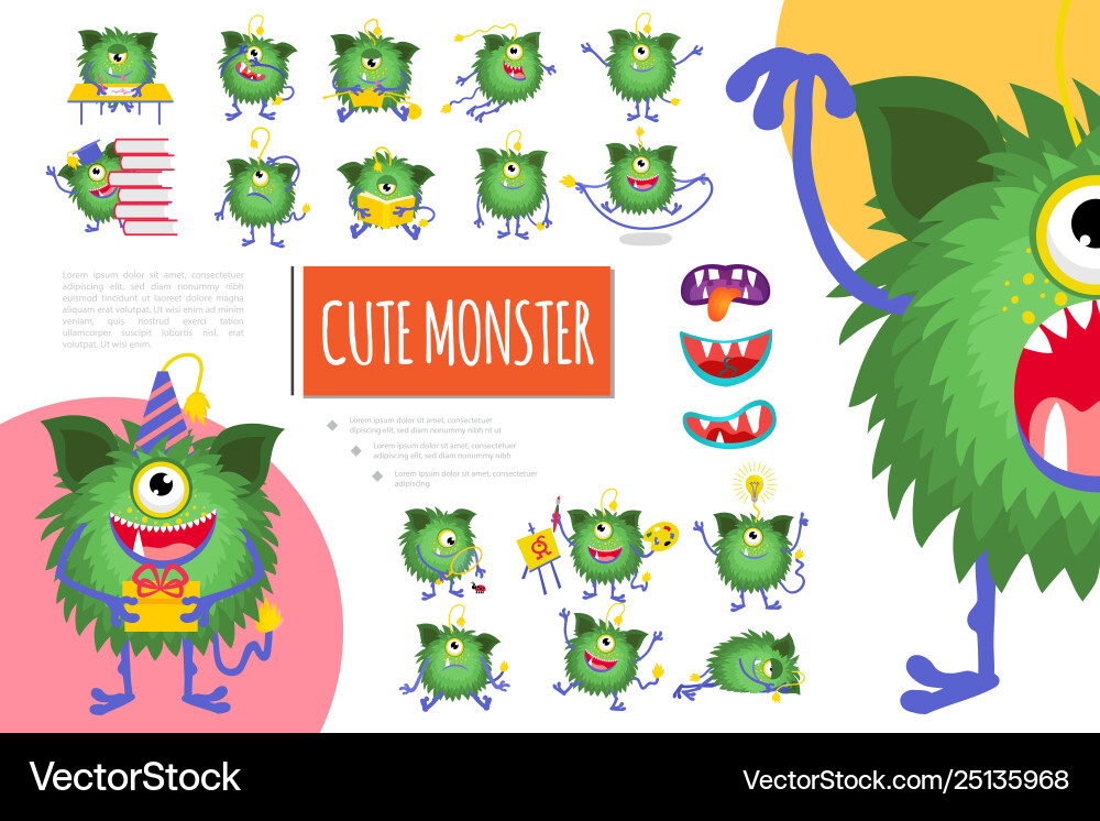 Cartoon cute green monster composition Royalty Free Vector