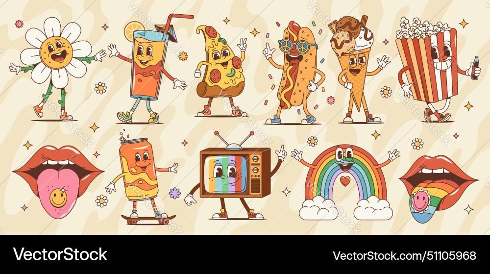 Cartoon retro groovy hippie characters set Vector Image