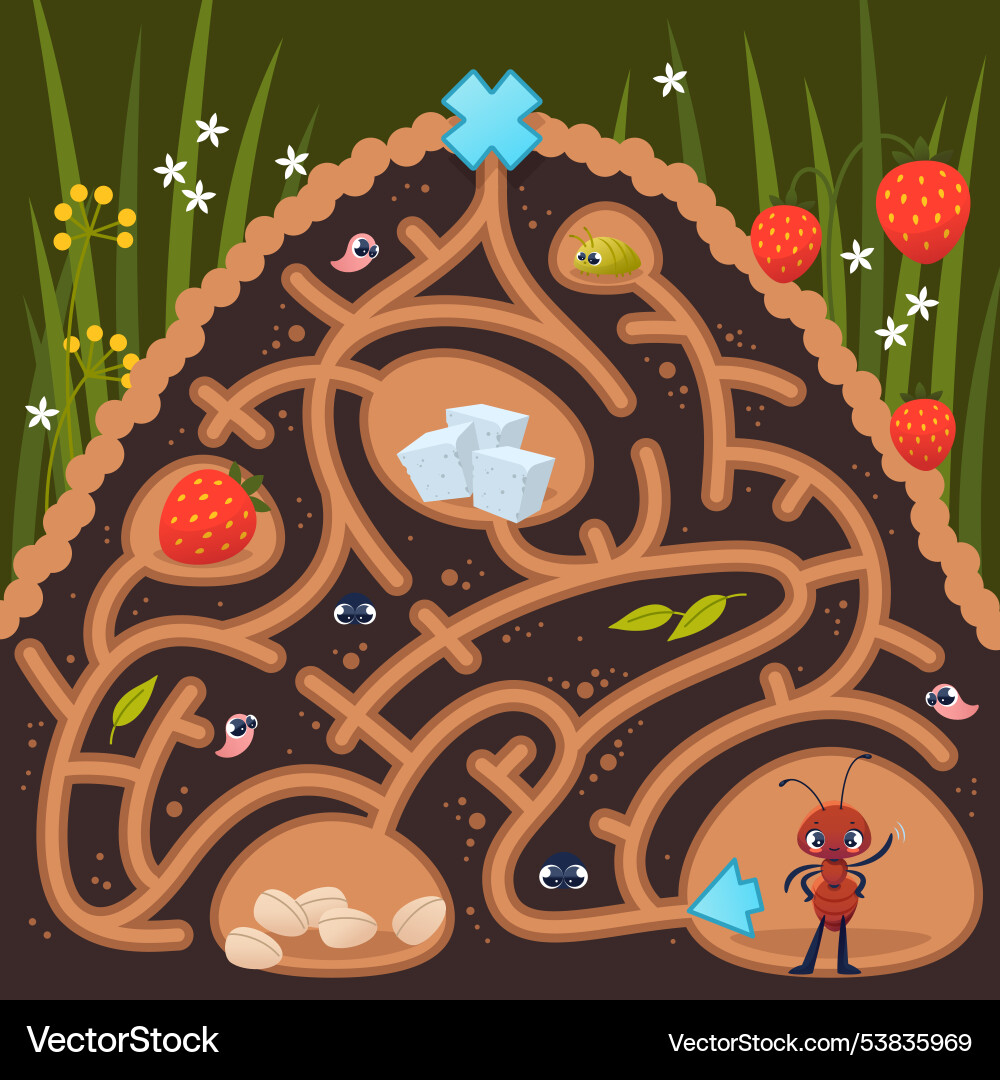Kids game maze help little ant find Royalty Free Vector