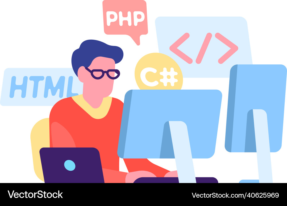 Man coding at computer web development engineer Vector Image