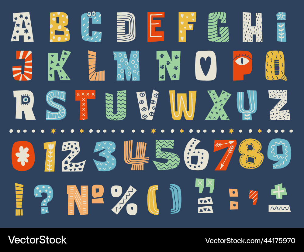 Alphabet letters numbers and punctuation marks Vector Image