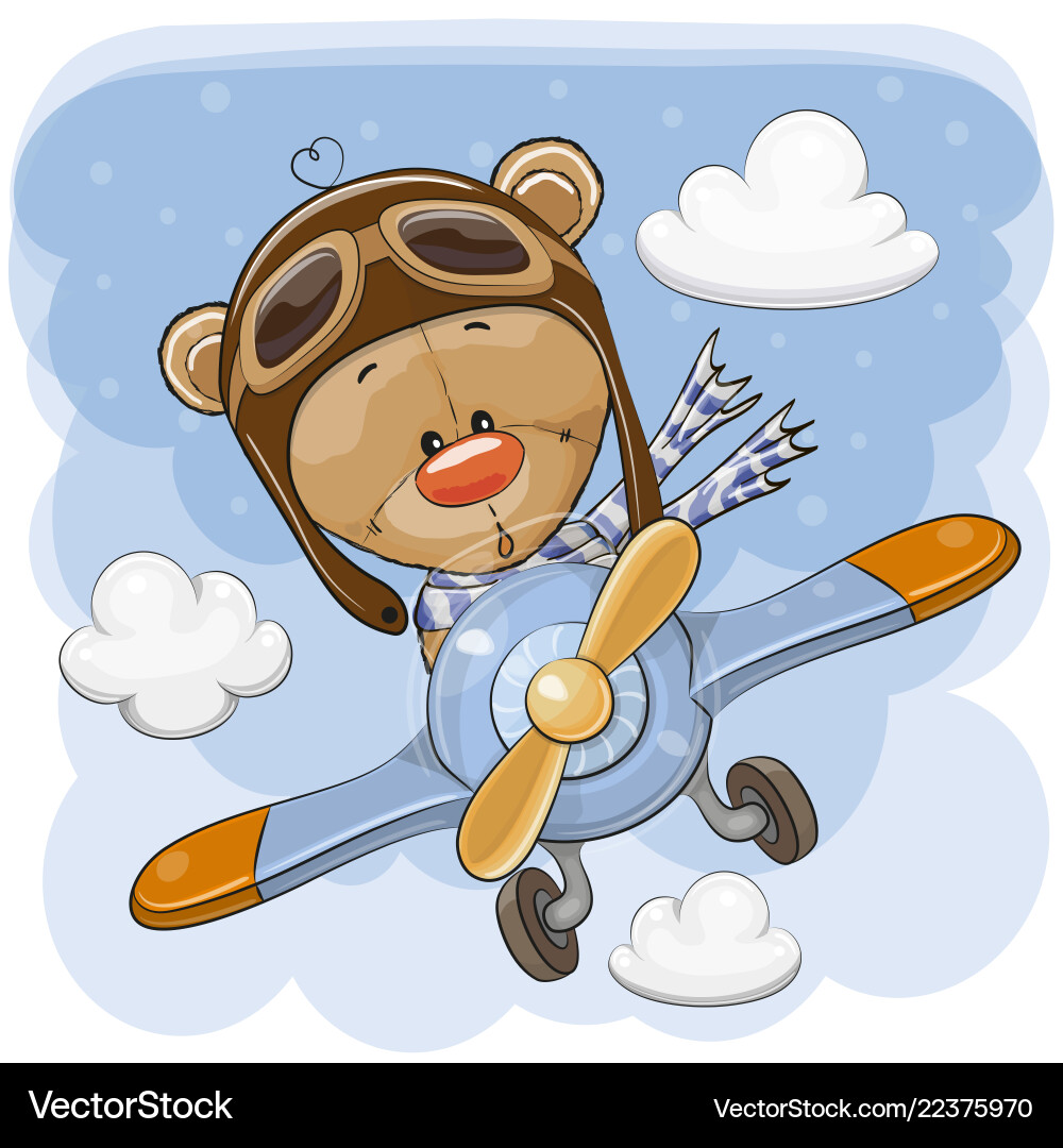 Cute teddy bear is flying on a plane Royalty Free Vector