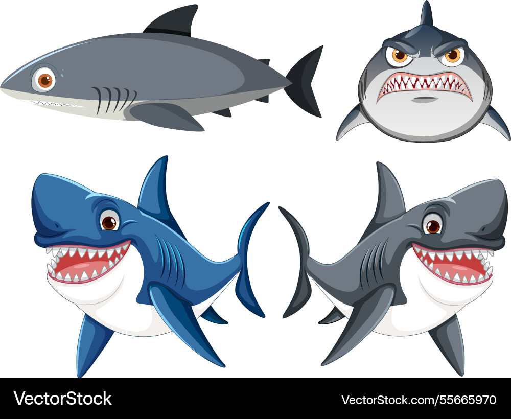 Four animated sharks with different facial Vector Image