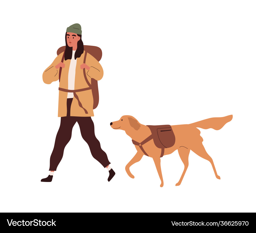 Hiker with backpack traveling together dog Vector Image