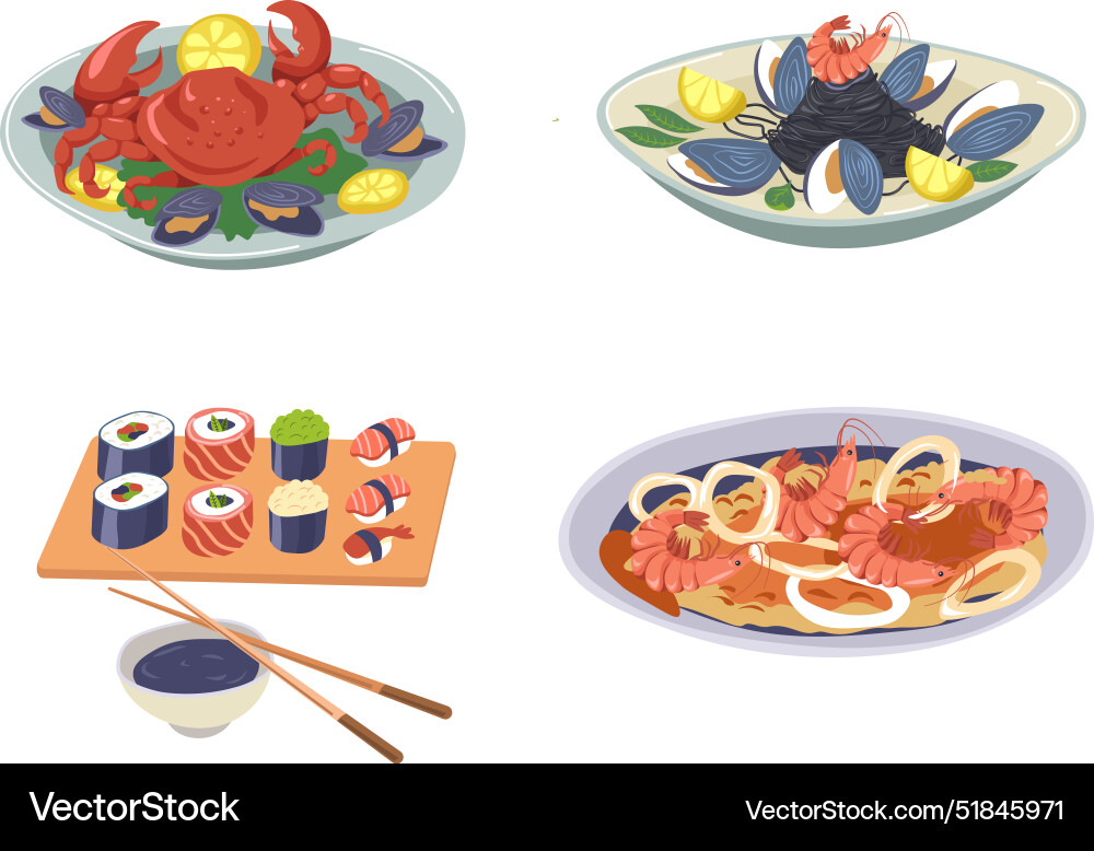 Seafood dishes isolated Royalty Free Vector Image