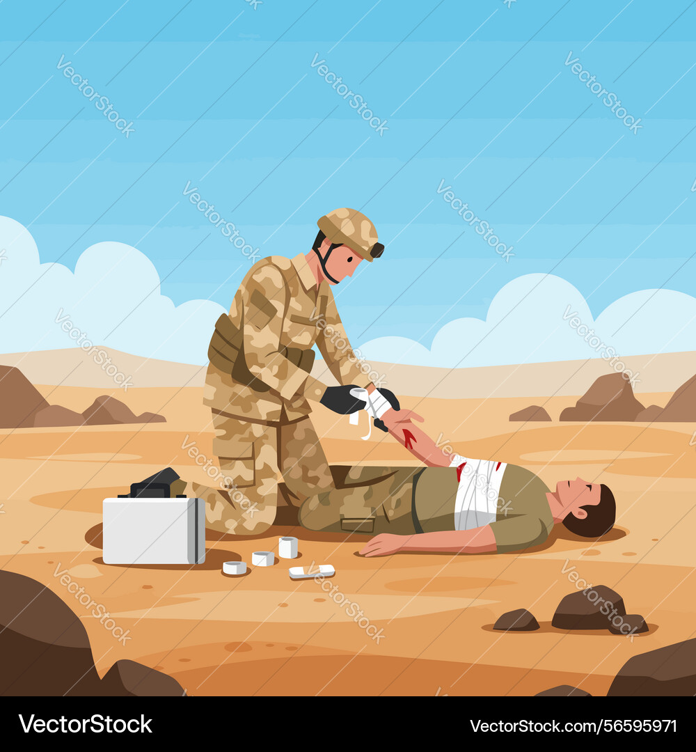 Soldier providing first aid in desert scene Vector Image
