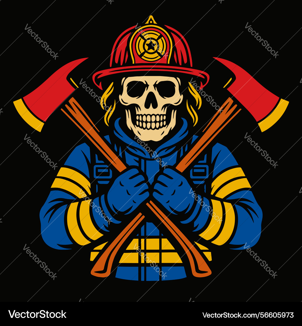 Skull firefighter holding axes wearing uniform Vector Image