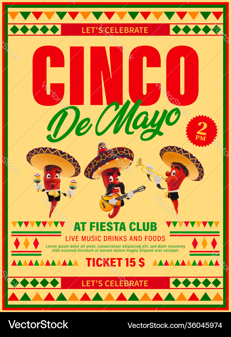 Cinco de mayo flyer mexican jalapenos mariachi Vector Image