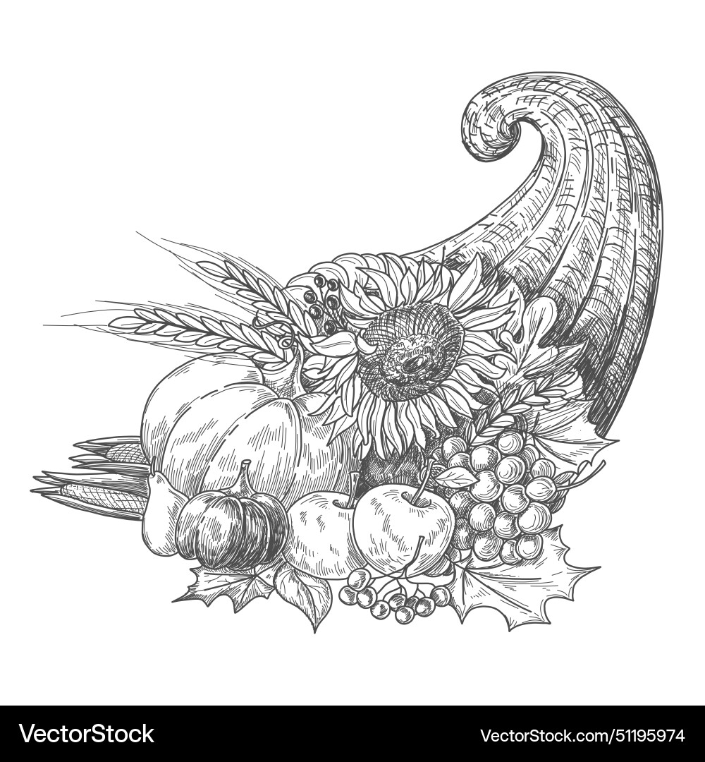 Hand drawn ink pen drawing cornucopia with fall Vector Image