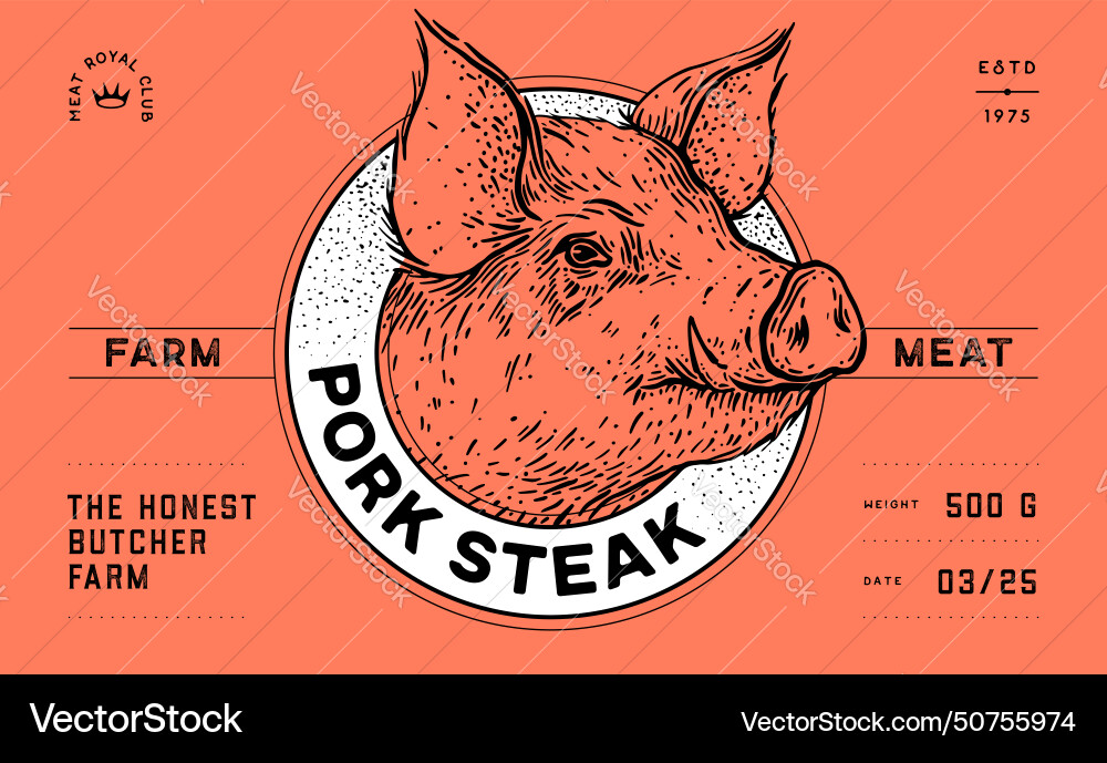 Pork pig hog head meat tag label Royalty Free Vector Image