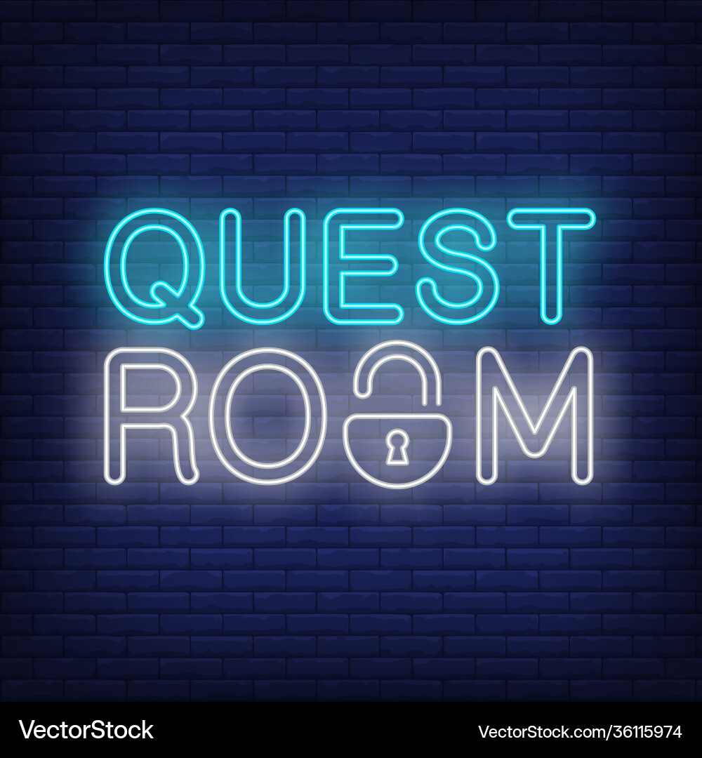 Quest room neon sign text with lock Royalty Free Vector