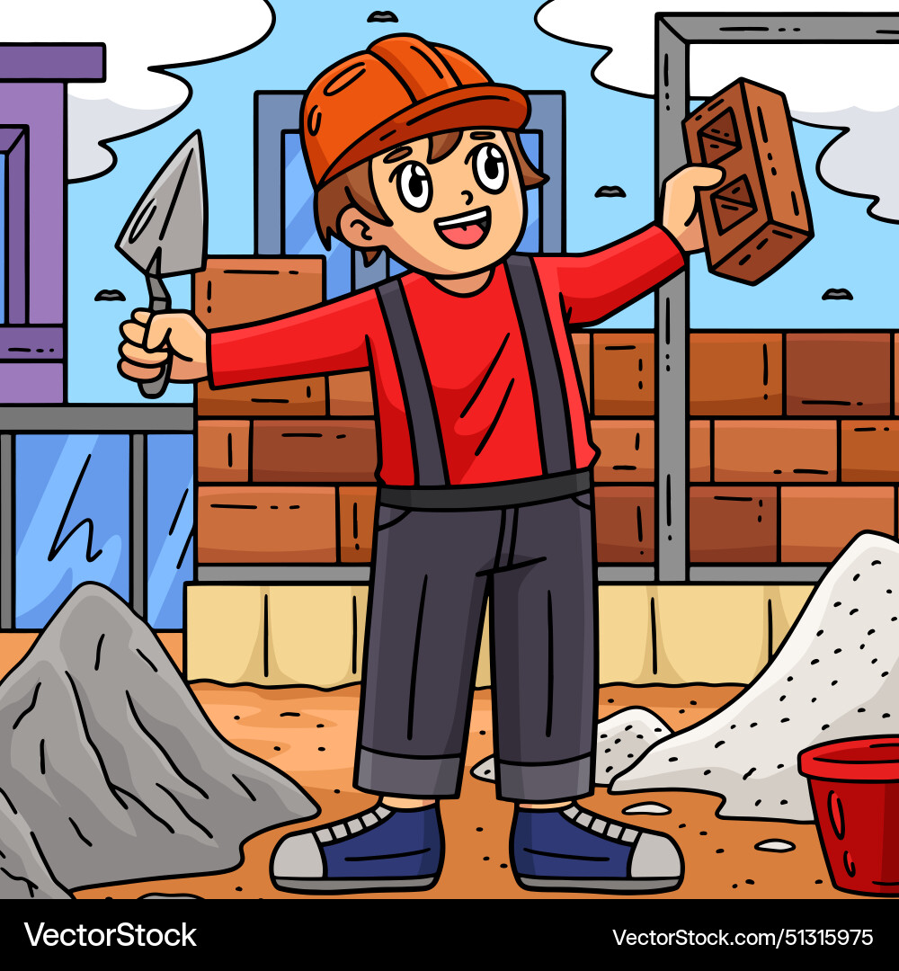 Construction mason holding brick colored cartoon Vector Image