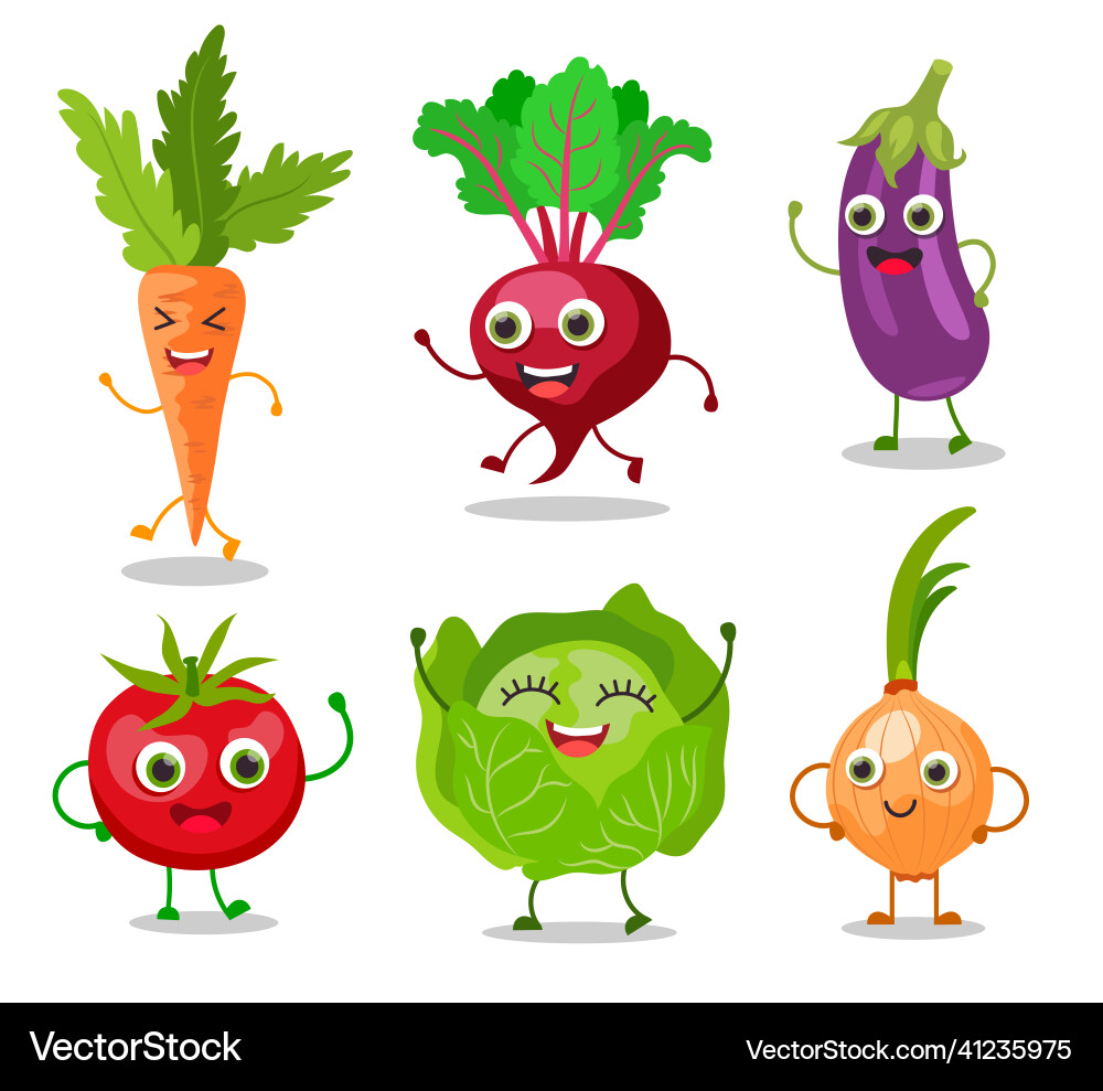 Happy vegetable cartoon characters set Royalty Free Vector