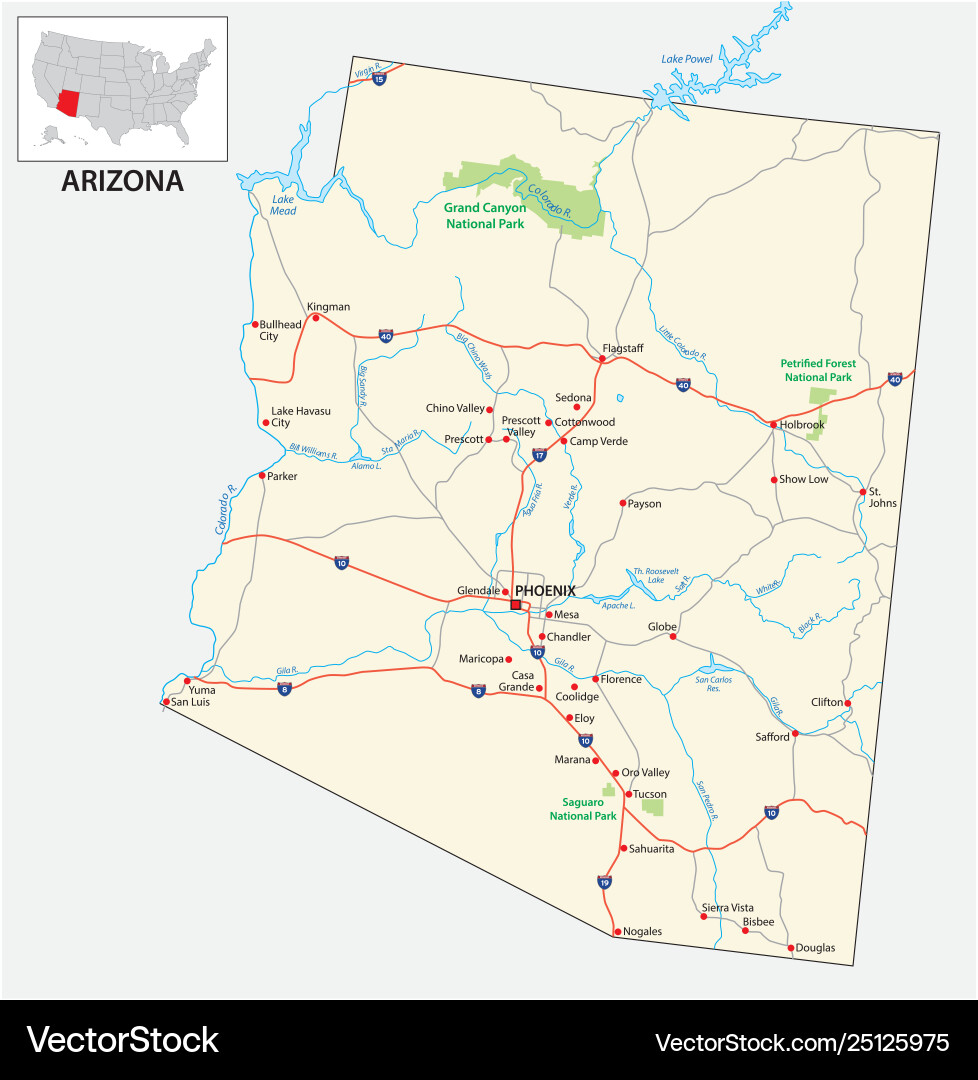 Road map us american state arizona Royalty Free Vector Image
