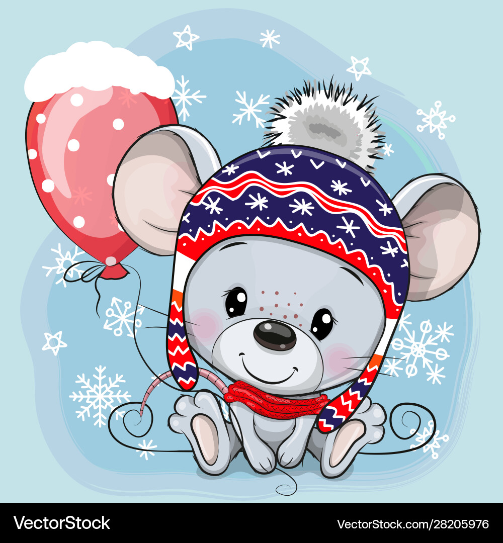 Cartoon mouse in a knit cap with red balloon Vector Image