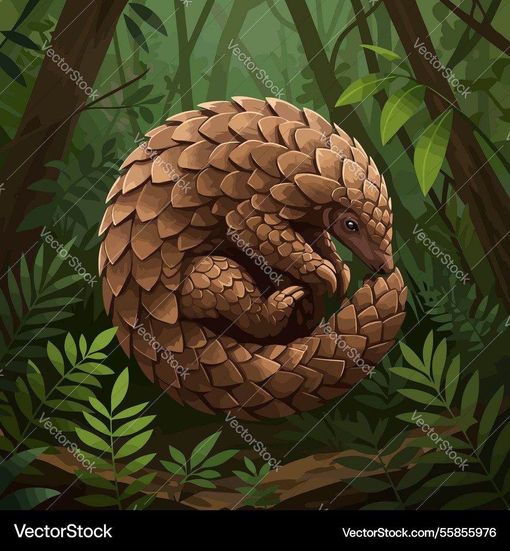 Pangolin curled in forest cartoon for wildlife Vector Image