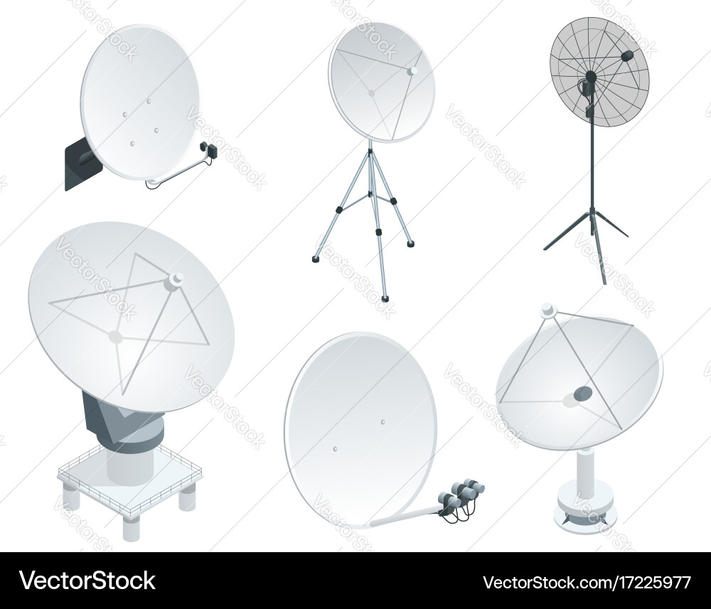 Isometric set satellite dish antennas on white Vector Image