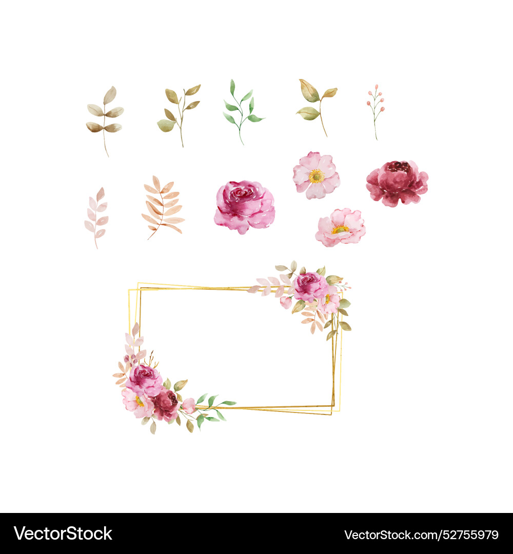Gold autumn frame with watercolor flowers fall Vector Image