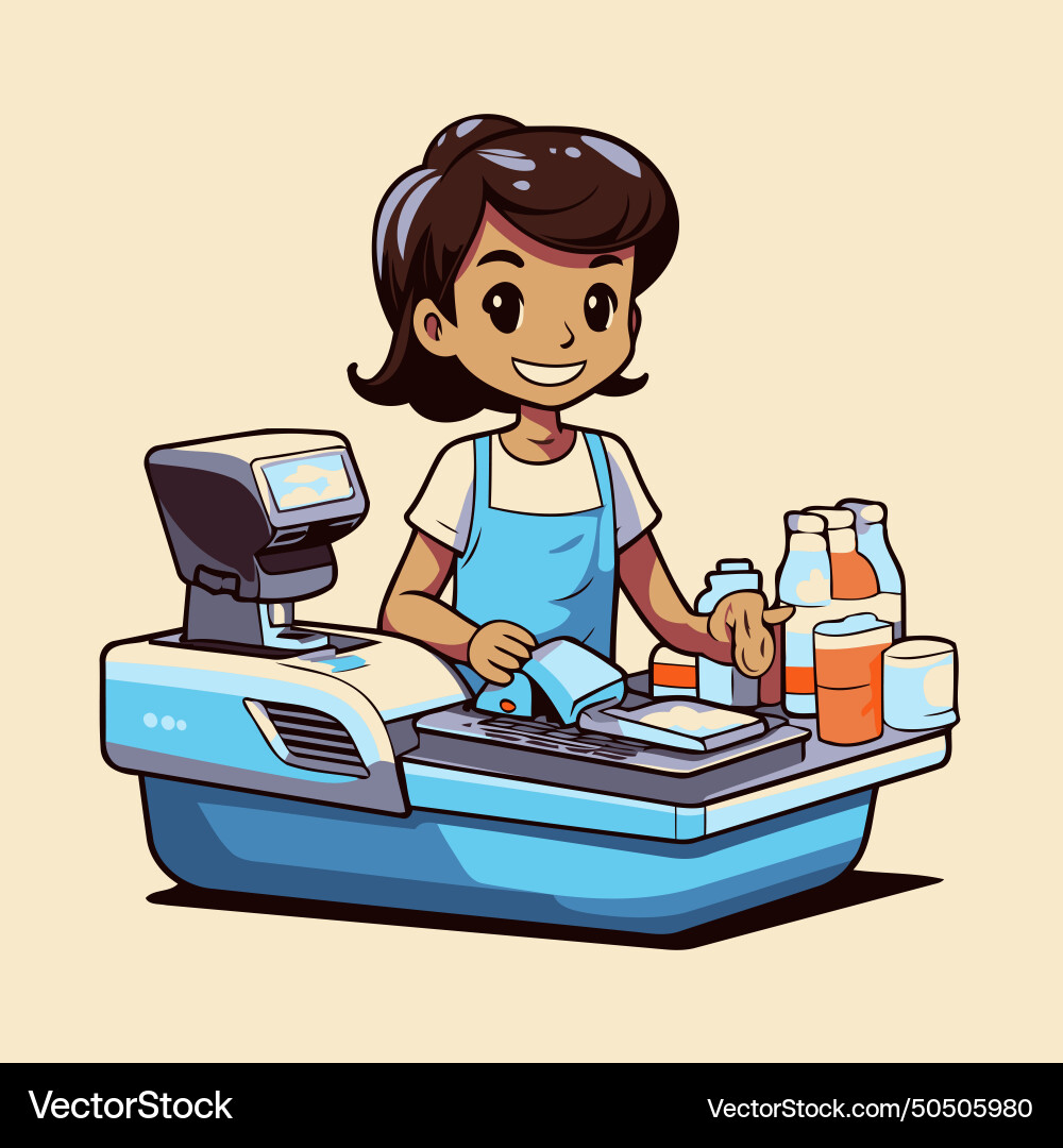 Cartoon cashier with cash register Royalty Free Vector Image
