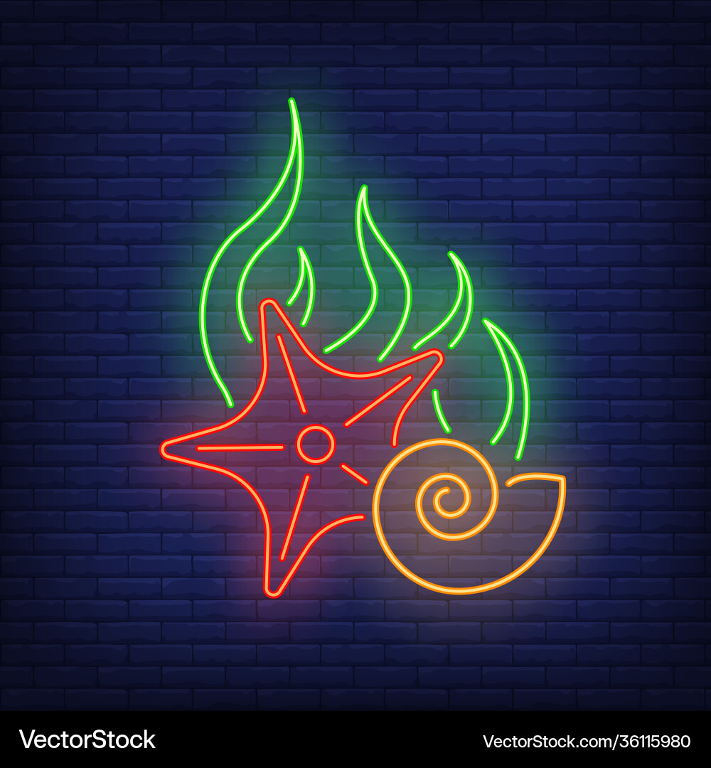 Starfish algae and shell neon sign Royalty Free Vector Image