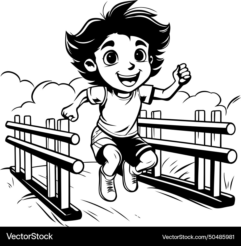 Cartoon boy jumping over obstacles black Vector Image