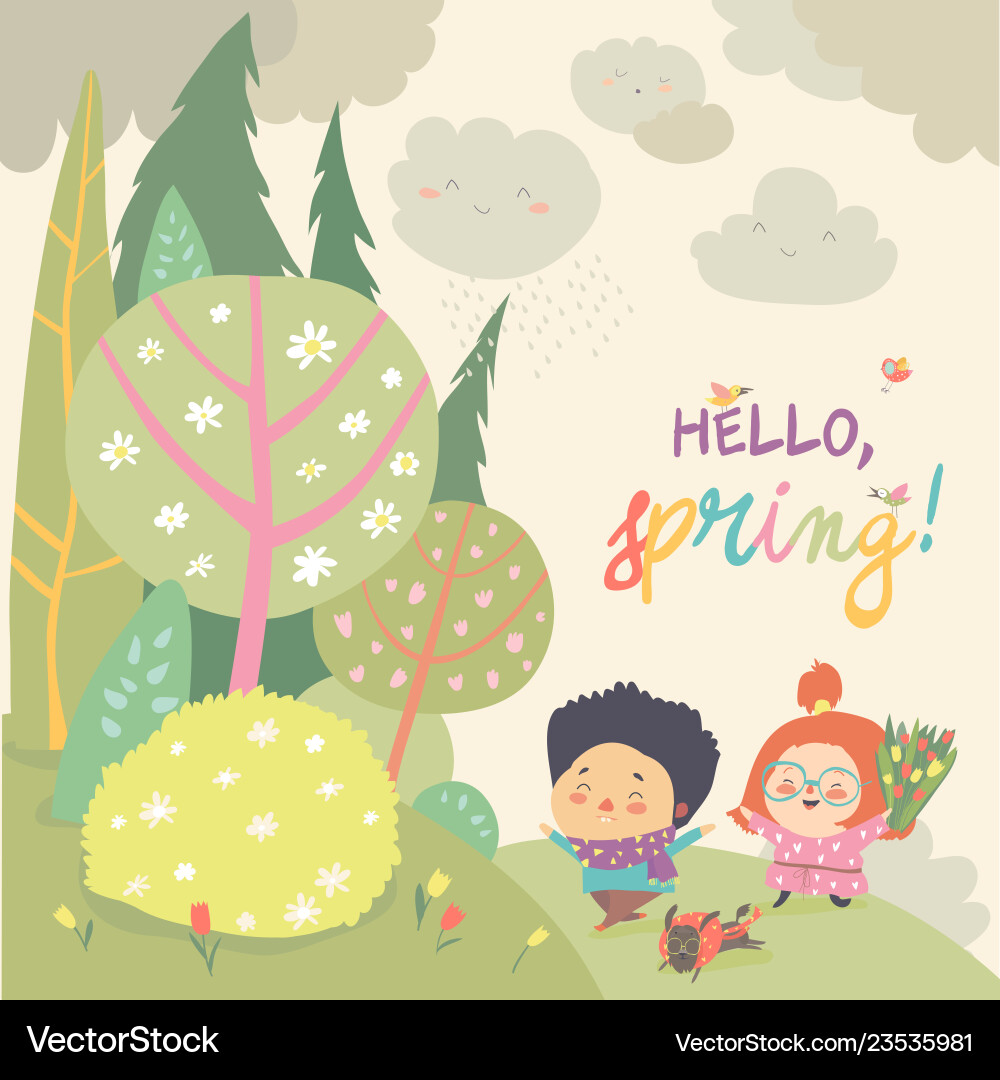 Cute kids running in spring forest hello Vector Image