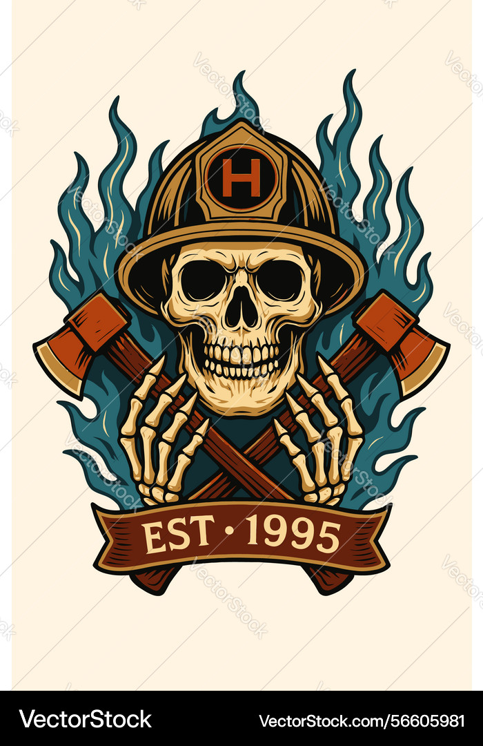 Skull firefighter with axes and flames graphic Vector Image