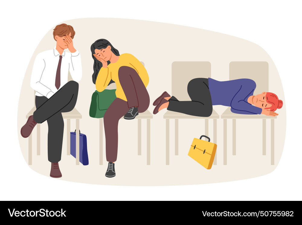 Line of people at labor exchange sleeping Vector Image