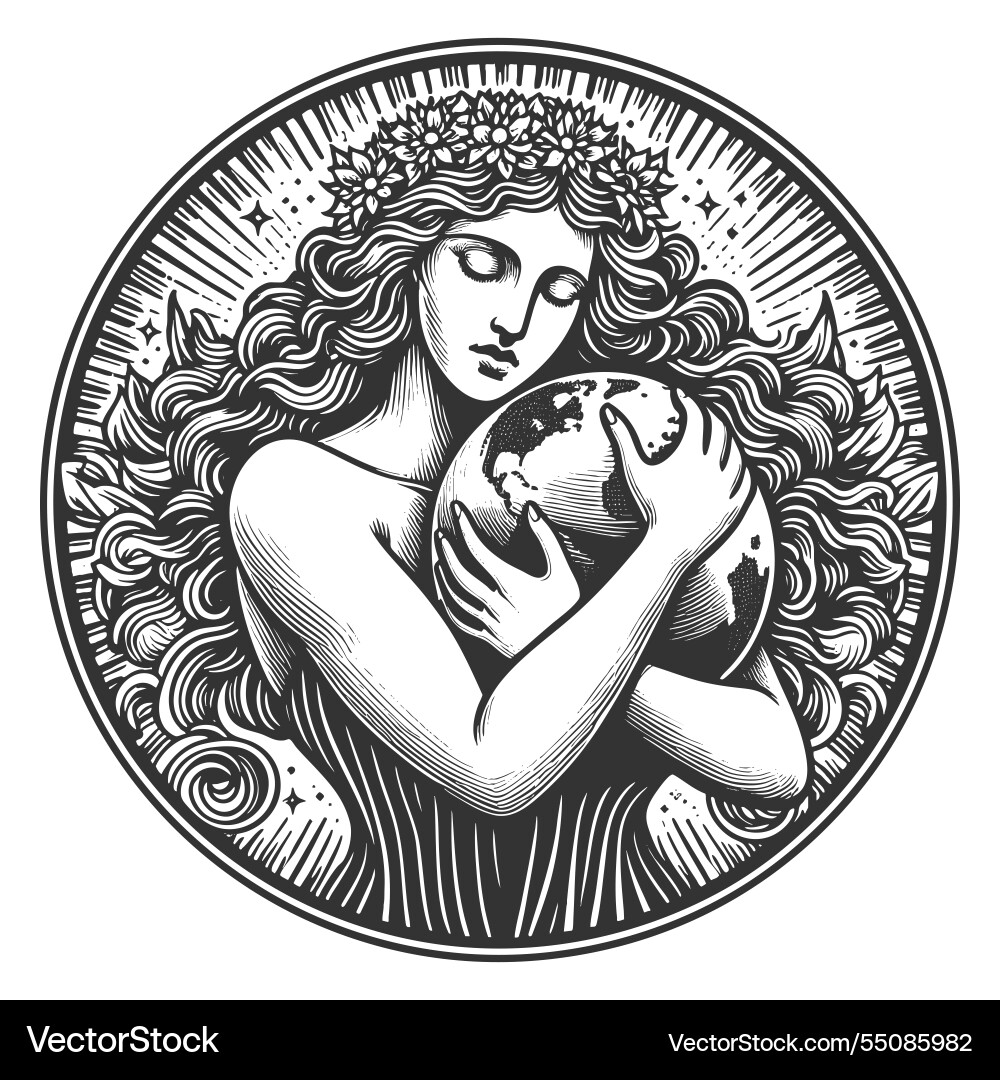 Woman embracing earth engraving Royalty Free Vector Image